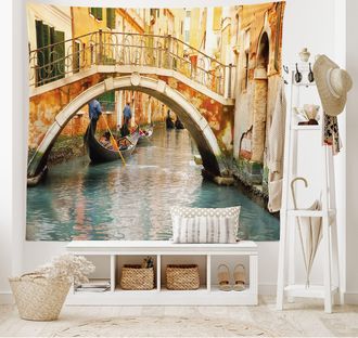 Abakuhaus Venedig Wandteppich, Brücke Gondel aus Weiches Mikrofaser Stoff Waschbar ohne Verblassen Digitaldruck, 150 x 110 cm, Elfenbein Blaugrau