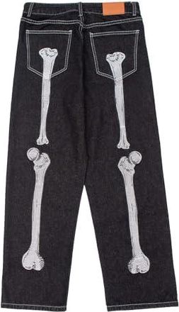 Generic Jean Homme Jeans Homme Week-End/Voyage Pantalon en Jean Imprim&eacute; Squelette Large Ample Coupe Droite - Esth&eacute;tique Dark Alternative High Street