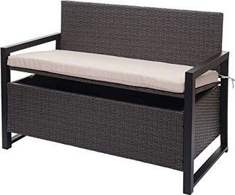 Mendler Banc 2 Places en Poly rotin HWC-F39, Banc Coffre, Gris, Coussins Beige