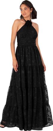 Maya Damen Womens Maxi Ladies Sleeveless Halterneck Floral Corsage Chiffon Jacquard A-line Tiered Evening Occasion Prom Dress, Schwarz, 38 EU