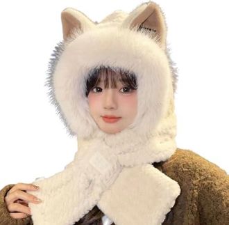 Generic Winterm&uuml;Tze Ensemble &eacute;charpe dhiver &agrave; capuche 3 en 1 pour femme, avec &eacute;charpe et oreilles en fausse fourrure, beige, taille unique