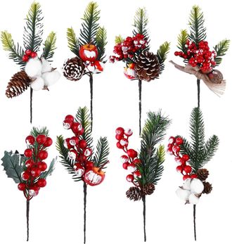 Amosfun 8 Stück Künstliche Weihnachtspicks Rote Beeren Tannenzapfen Stiel Picks für Hochzeit DIY Kranz Bouquet Winterferienzeit Dekoration (Rot Grün)