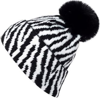 styleBREAKER Bonnet &agrave; Pompon Femme en Tricot Motif z&eacute;br&eacute;, Beanie dHiver Chaud Extensible avec Pompon en Fausse Fourrure en Viscose, Noir-Blanc