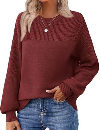 Generic Pull d&eacute;contract&eacute; &agrave; manches longues pour femme - Col rond - Couleur unie - Pull d&eacute;contract&eacute; en tricot, rouge vin, XXL