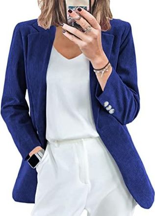 Minetom Velours Côtelé Blazer Femme Élégant Veste de Tailleur Costume Manches Longues Slim Fit Bureau Affaires Manteau Cardigan Blouson Bleu S