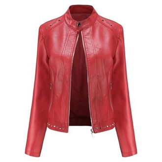Generic Veste en similicuir pour femme - Coupe ajust&eacute;e - Matelass&eacute;e - Manches longues - Col &agrave; revers - Coupe ajust&eacute;e - Fermeture &eacute;clair - Manteau de motard, R