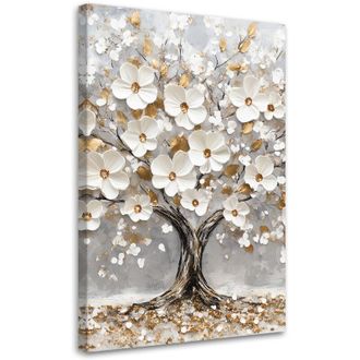 Feeby Tableau d&eacute;co Arbre de vie avec fleurs blanches dor&eacute;es 70x100
