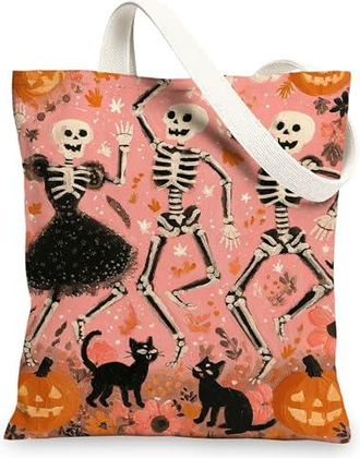 Generic Sacs fourre-tout en toile squelette, sacs réutilisables motif squelette dHalloween, sacs effrayants légers et lavables en toile avec bandoulière, pêch