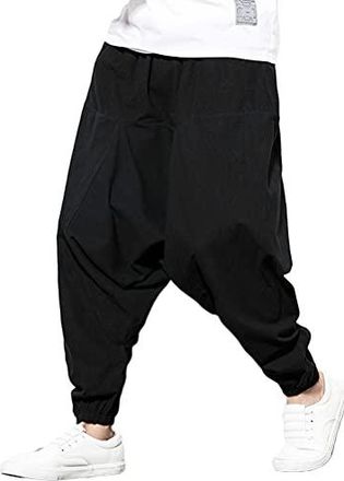 Minetom Homme Pantalon en Mélange Lin Large Décontracté Plage Été Léger Confortable Respirant Oversize Baggy Elastique Pants C Noir 3XL