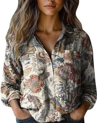 Generic HUIFUAO Chemise Femme Lin Coton Manche Longue Shirt Grande Taille Chemise et Blouses Chic et &eacute;l&eacute;gant Haut Basique Imprim&eacute; Tunique Tops avec Poche (A03