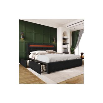 Liberte Lit double rembourr&eacute; avec &eacute;clairage led et 4 tiroirs 140x200cm, t&ecirc;te de lit r&eacute;glable en hauteur, sommier &agrave; lattes en bois, noir (sans matelas)