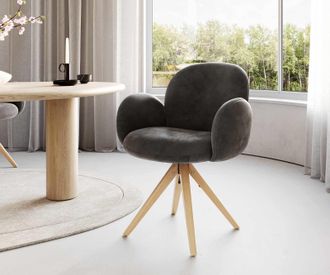 DELIFE Drehstuhl Nube-Flex mit Armlehnen Mikrofaser Anthrazit Vintage Holzgestell kantig Natur 180° drehbar Taschenfederkern, Esszimmerstühle