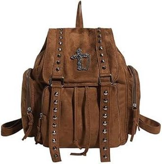 Generic Sac &agrave; dos d&eacute;cole gothique Punk pour femmes, grand sac &agrave; dos &agrave; Rivets avec cordon de serrage (marron)
