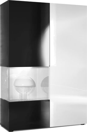 Vladon Vitrine Kommode Hochschrank Morena, Made in Germany, Korpus in Schwarz matt/Rechte T&uuml;r und der Einsatz in Wei&szlig; Hochglanz, inkl. LED Beleuchtung