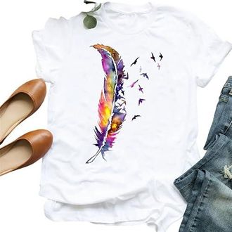 Keephen Bohemian Plume Papillon Impression 3D Femmes T-Shirt Casual &Eacute;t&eacute; Boho Tops Col Rond L&acirc;che Manches Courtes Blouses Tunique