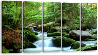 Feeby Leinwandbild 200x80 cm Wald Felsbrocken Natur B&auml;ume 5 TLG Bild Kunstdruck Wand Bild Deko Wohnzimmer Wohnungs Bl&auml;tter Wasserfall Abstraktion Kaskade Gr