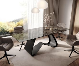 DELIFE Esstisch Edge 180-220x100 Keramik Laminam Emperador Extra Lucidato Dunkelbraun W-Gestell Schwarz ausziehbar, Esstische