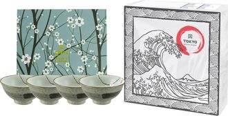 Tokyo Design Studio Green Soshun 4 Schalen-Set gr&uuml;n-wei&szlig;, &Oslash; 16 cm, ca. 600 ml, asiatisches Porzellan, inkl. Geschenk-Verpackung und exklusiven Servietten