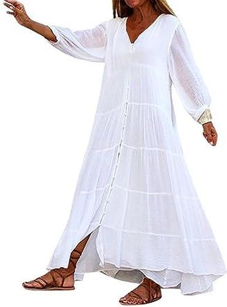 Generic Robe Paillette Robe Ample en Coton et Lin bohème à Manches Longues pour Femmes, Couleur Unie, col en V Robe De Plage Courte (White, XL)