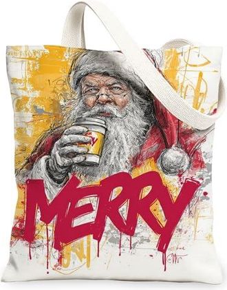 Generic Sacs fourre-tout en toile Merry Holiday, impression artistique festive, sacs &agrave; provisions r&eacute;utilisables, d&eacute;coratifs dhiver, l&eacute;gers et lavables &agrave; l&eacute;pau