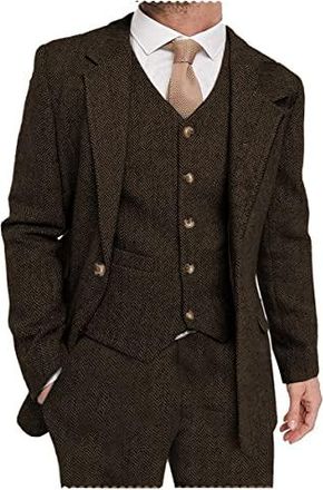 Solovedress Costume pour homme 3 pi&egrave;ces classique en laine tweed pour mariage (blazer + gilet + pantalon), caf&eacute;, XS