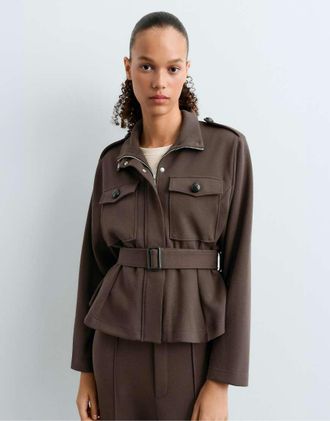 Oysho veste courte en piqu&eacute; de coton avec ceinture marron