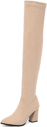Generic Bottes montantes en daim synth&eacute;tique pour femme - Bout pointu - Talon bloc - &Agrave; enfiler, beige, 38.5 EU