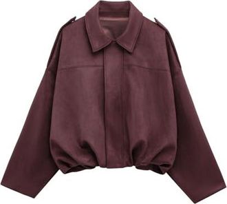 Generico Veste de moto Bomber Femme En Faux Cuir Su&egrave;de Avec Col Revers Veste Softshell Chaud Printemps Hiver Manches Longues Vintage Manteau Veste Femme Hiver 