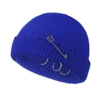 Generic Beanie Bonnet tricot&eacute; pour femme avec anneaux en m&eacute;tal et &eacute;pingle de s&eacute;curit&eacute; Style urbain Unisexe Design moderne pour lhiver et lautomne, 01-bleu roi