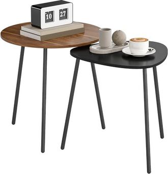 HOMCOM Lot de 2 Tables Basses gigognes, Tables dappoint Style Contemporain Cadre en métal, en Forme Ronde et Triangulaire, Bout de canapé pour Salon, Chambre