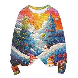 Generic Pull de Noël pour femme - Pull de Noël amusant et moche - Imprimé graphique festif - Manches longues - Pour les fêtes de fin dannée - Confortable - Co