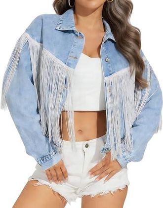 Generic Veste courte en jean pour femme avec franges et pompons Style occidental Manteau en jean boutonn&eacute; sur le devant V&ecirc;tements dext&eacute;rieur d&eacute;contract&eacute;s, ble