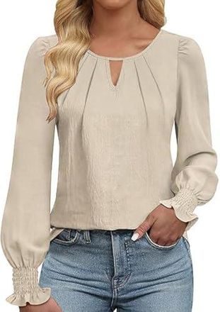 Generic T-shirts &agrave; manches longues pour femme - En dentelle - Col en V - En mousseline - Anti-plis - Haut pliss&eacute; - Poignets &agrave; volants - &Eacute;l&eacute;gant et d&eacute;contract&eacute;