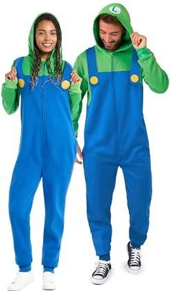 OppoSuits Unisexe Adulte Luigi Onesie - Pyjama Nintendo 1 Pièce - Coupe Ample - avec Poches - Vert Et Bleu