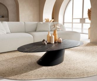 DELIFE Couchtisch Edge Oval 140x75 cm Keramik Laminam Noir Desir Braun Conis Metall Schwarz, Couchtische