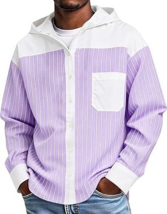 Generic Chemises pour homme adulte &agrave; manches longues contrast&eacute;es ray&eacute;es avec poche poitrine printemps et automne chemise &agrave; capuche tops sans repassage coupe d