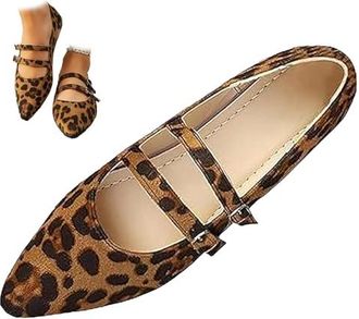 Generic Mary Jane Ballerines plates confortables en daim &agrave; double sangle pour femme Imprim&eacute; l&eacute;opard Bout pointu Pour le travail habill&eacute;, imprim&eacute; l&eacute;opard, 36.5