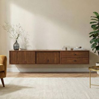 IDIMEX Lowboard Simona 175 cm h&auml;ngend aus Massivholz, Kastanie Finish - TV Schrank mit 2 Schiebet&uuml;ren und Schubladen, Wohnzimmerm&ouml;bel im Mid Century Style, i