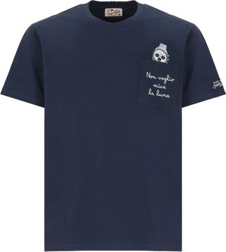 Saint Barth Homme, Tops, Bleu, Taille: S T-shirt en Coton Bleu avec Impression Luna Watch