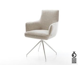 DELIFE Esszimmerstuhl Heira-Flex mit Armlehnen Webstoff Soft Beige Kreuzgestell konisch Edelstahl Taschenfederkern, Esszimmerst&uuml;hle