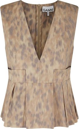 Ganni Femme, Tops, Brun, Taille: 40 FR Chemisier Imprim&eacute; en Coton Stretch &agrave; Col V et Poches