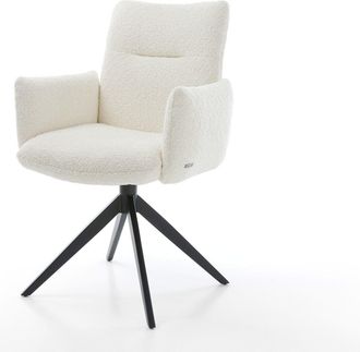 DELIFE Drehstuhl Jova-Flex mit Armlehnen Bouclé Weiß Kreuzgestell breit Schwarz 360° drehbar Wippfunktion Taschenfederkern, Esszimmerstühle