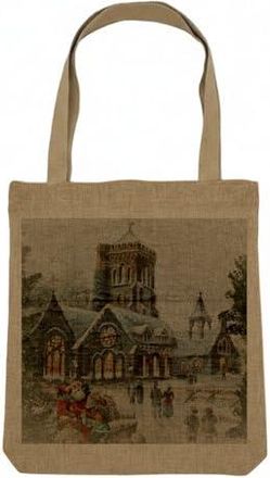 Fabulous Sac Shopping Tote Bag Aspect Lin - Paysage De Noel Style Peinture Vintage Retro Santa Claus - Sac de Courses Toile Epaisse 360g Beige Naturel Cabas Po