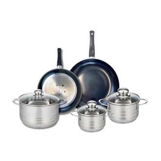 Fackelmann ELO 9733150 Batterie de cuisine 5 pièces, Ensemble de 2 Poêles de cuisson 24 et 28 cm et 3 faitouts 14, 16 et 20 cm Elo Prima Brillant, inox, inductio