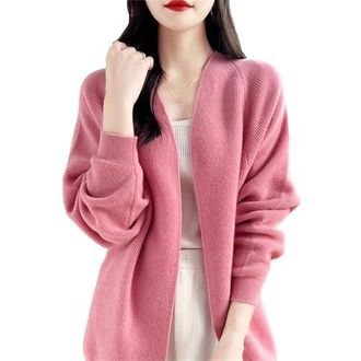 Generic Cardigan en laine pour femme 100 % laine tricot&eacute;e ample confortable col en V, rose, Taille XL