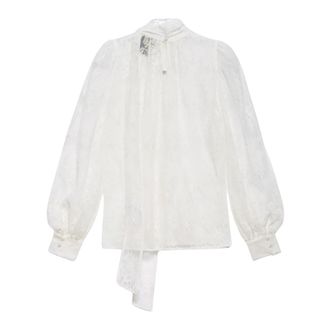 Aniye By Spitzenhemd mit hohem Kragen und Schleife und Ballon&auml;rmeln - - Blouses & Shirts - Damen - Wei&szlig; - S