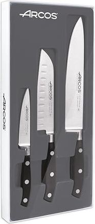 Arcos Messer-Set 3-teilig aus Nitrum Edelstahl - Geschmiedete Klingen, Ergonomischer Griff aus Polyoxymethylen, D&uuml;nne Klinge mit Wellenschliff - Schwarz, Se