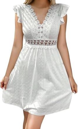 Generic Robe d&eacute;t&eacute; grande taille pour femme avec manches courtes et col en V brod&eacute; &agrave; oeillets - Robe trap&egrave;ze style boh&egrave;me, plage, vacances, essentiel des vacan