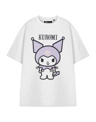 Hello Kitty & Friends Kuromi Pastell Weißes Kurzarm-T-Shirt für Damen Friends Grafik-T-Shirt | Süßes Sanrio-Charakter-Top | Lässiges T-Shirt für Damen und Mädchen