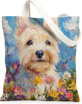 Generic Spring Westie Sac fourre-tout en toile pour faire du shopping, 33 x 38,1 cm, peinture &agrave; lhuile motif chiot fleurs sauvages, sac d&eacute;picerie r&eacute;utilisable